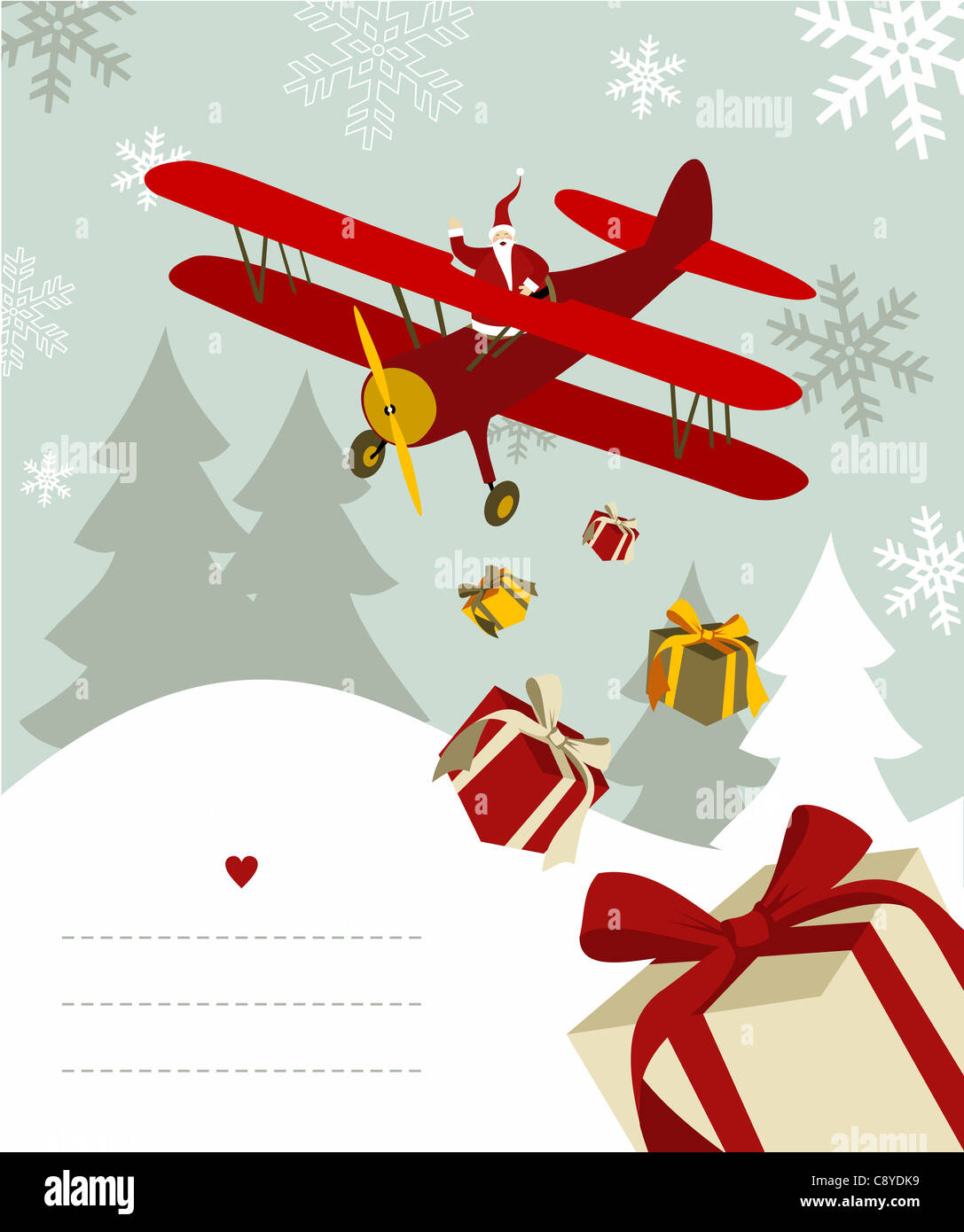Santa Claus throwing gifts from an airplane with blank lines to write ...