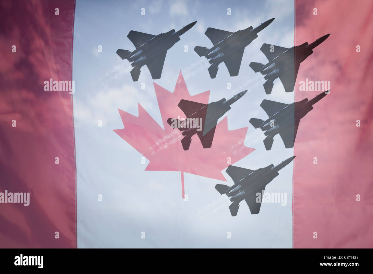 Close-up of Canadian flag with silhouettes of F-16 airplanes Stock ...
