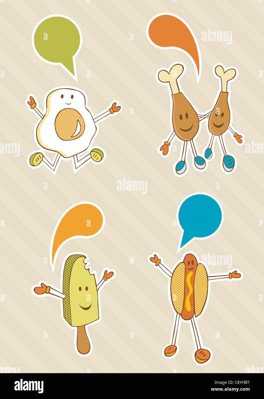 Coloured food cartoons with dialogue balloon on beige background ...