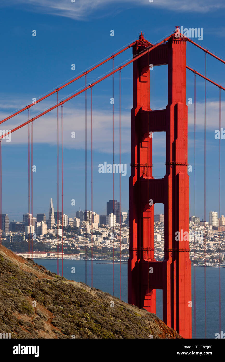 North tower of the Golden Gate Bridge with the buildings of San ...