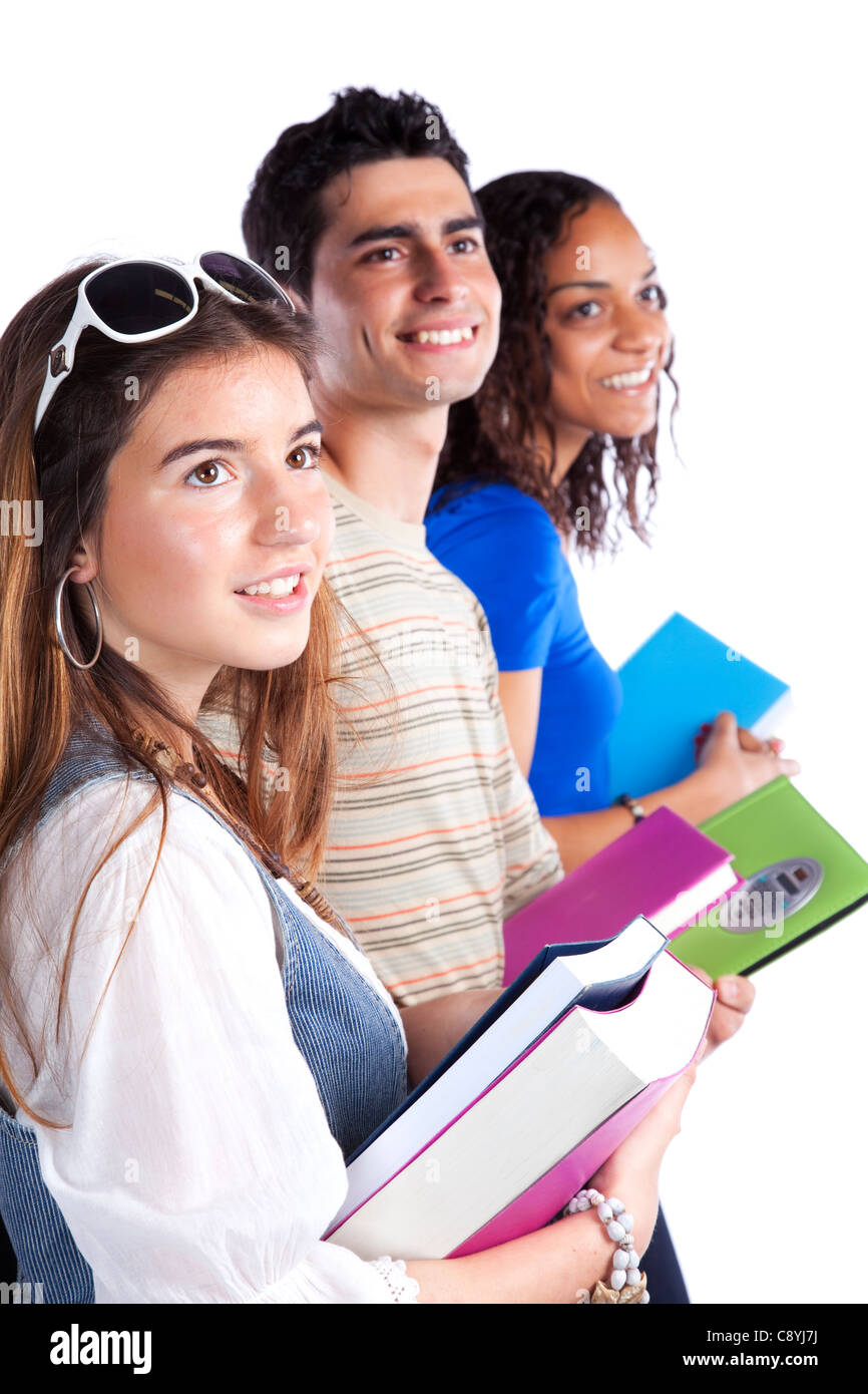 Three happy students holding books (isolated on white Stock Photo - Alamy