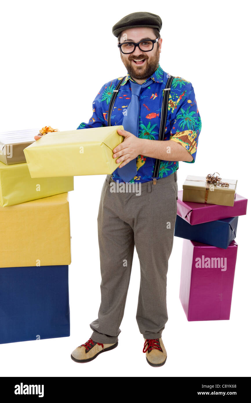happy silly salesman with some boxes, isolated on white Stock Photo - Alamy