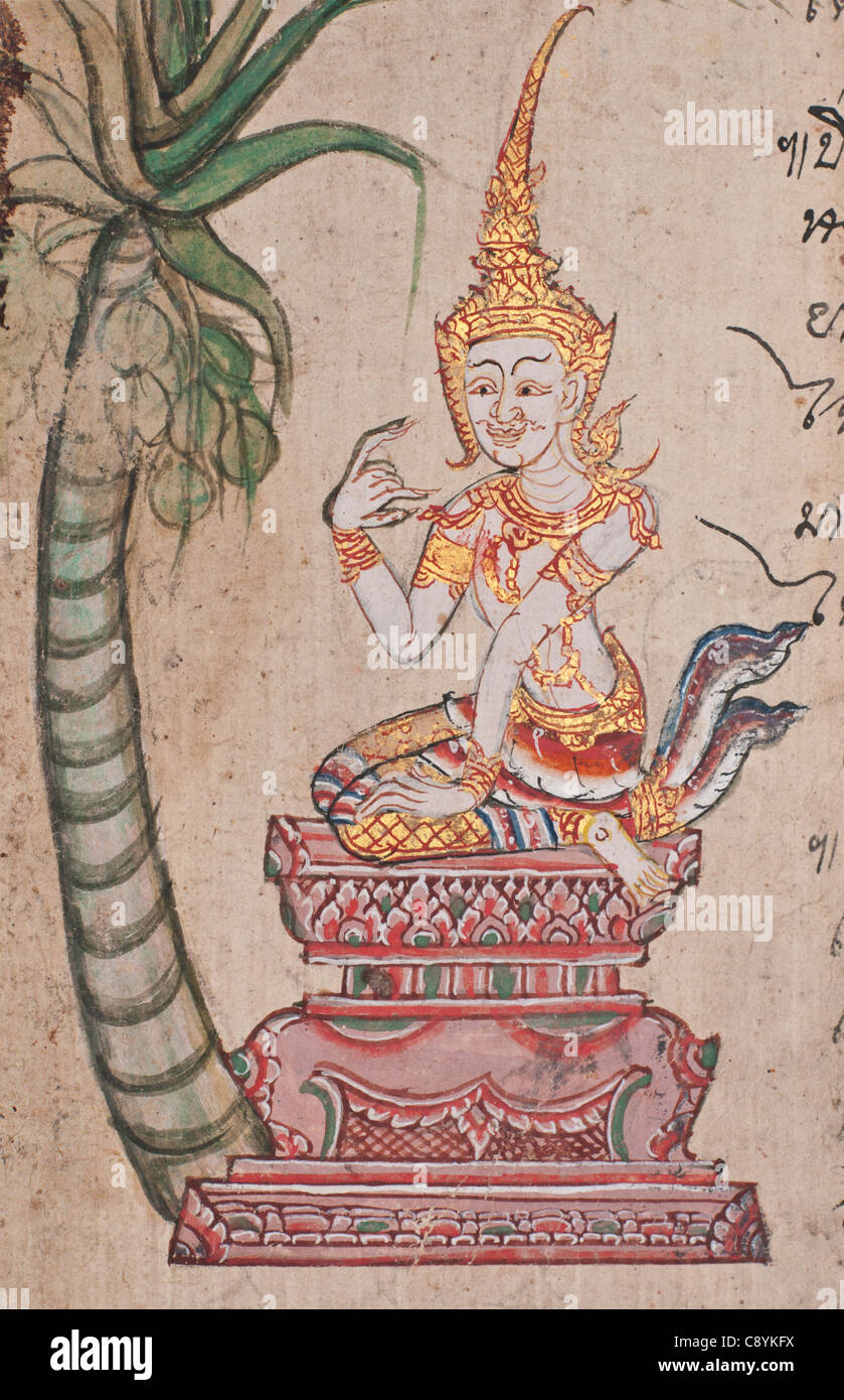An illustration photographed from an ancient Thai manuscript depicting ...