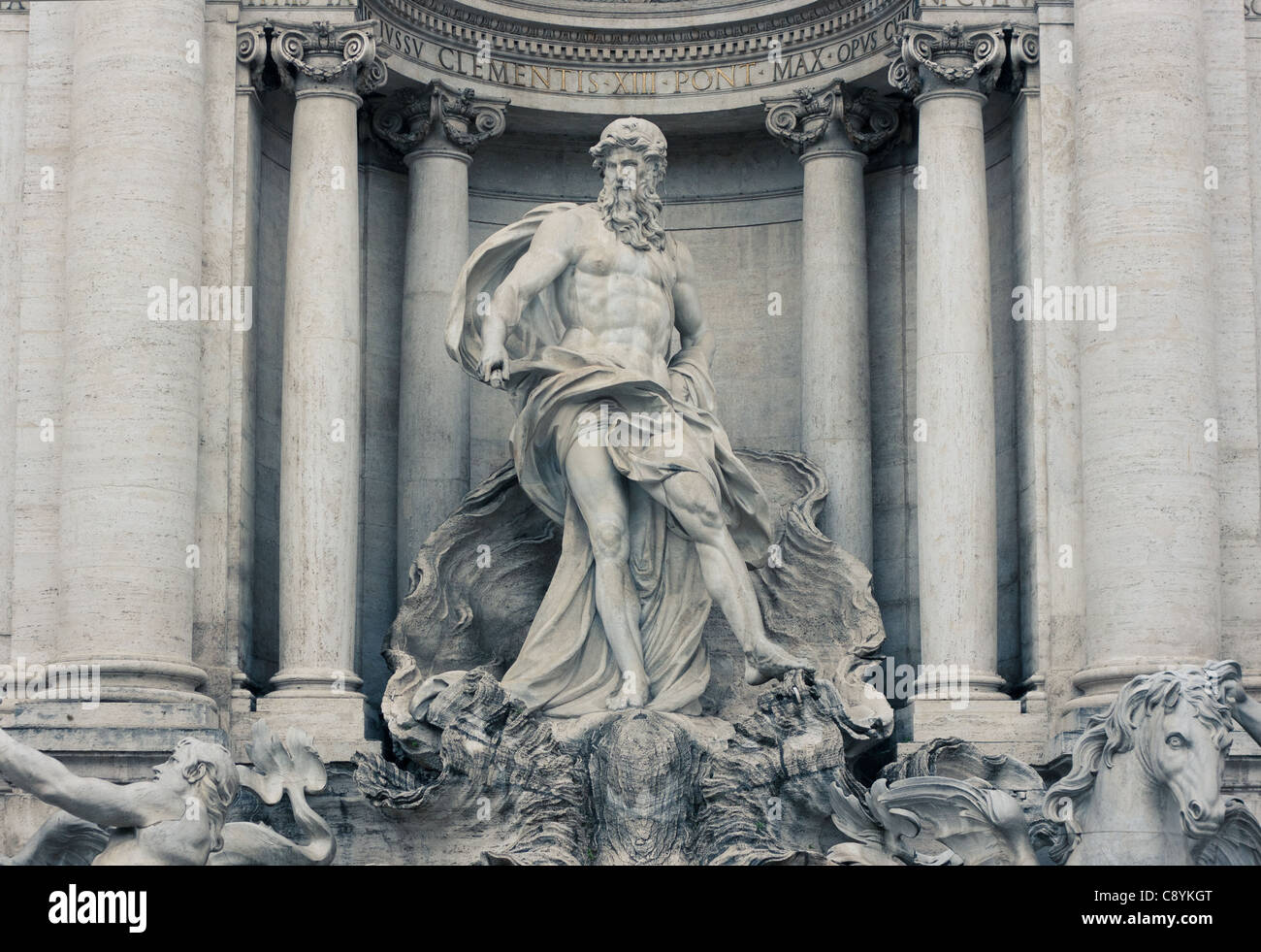 Central niche of the famous Trevi fountain with the statue of Neptune ...