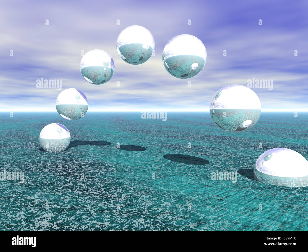 An abstract arc of reflecting spheres on green-blue background Stock ...