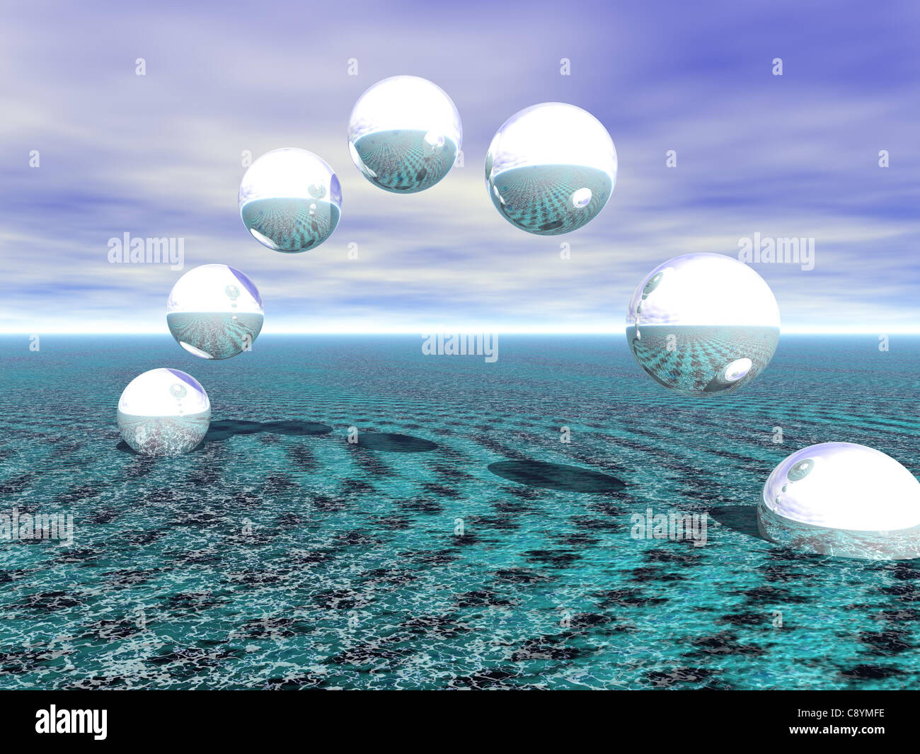 An abstract arc of reflecting spheres on green-blue background Stock ...