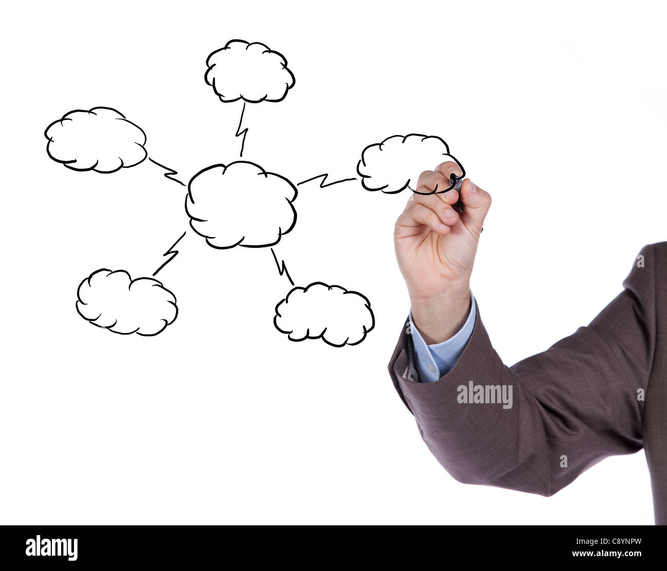 Hand drawing a Cloud Computing schema on the whiteboard (selective ...