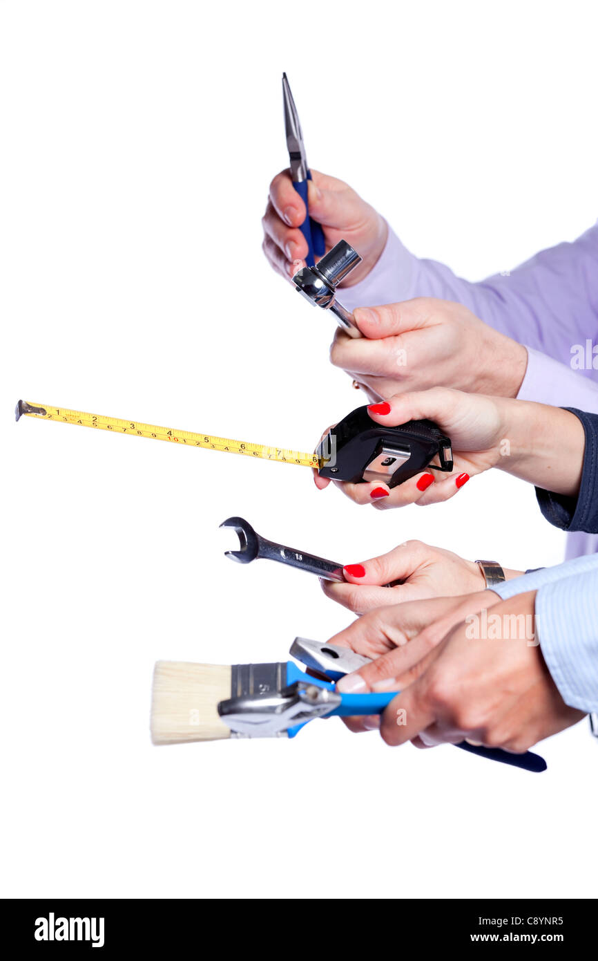 Group of people hands with lots of house improvement tools (selective ...