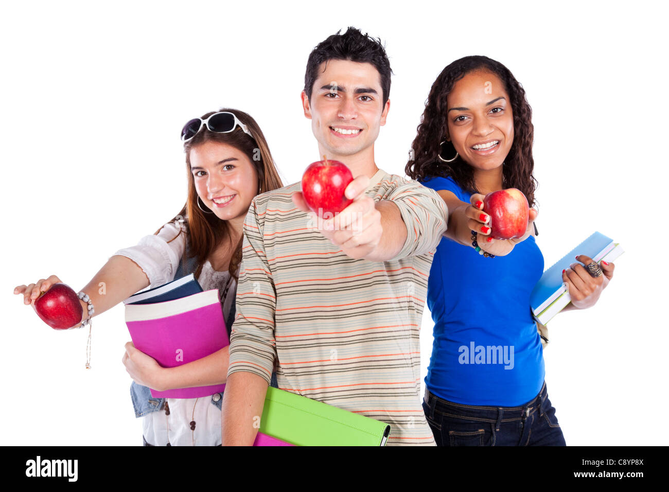 Three happy students holding books (isolated on white Stock Photo - Alamy