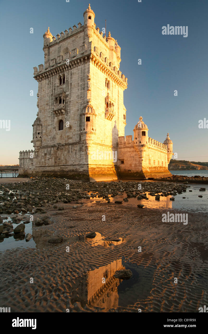Evening light on the Torre de Belem, Lisbon, portrait view Stock Photo ...