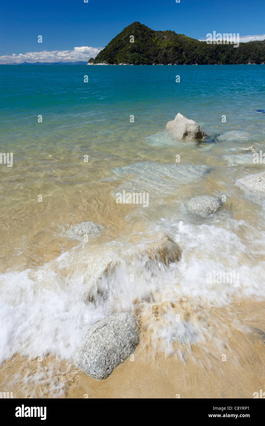 View of the shore line and Adele Island from Beach, Abel Tasman ...