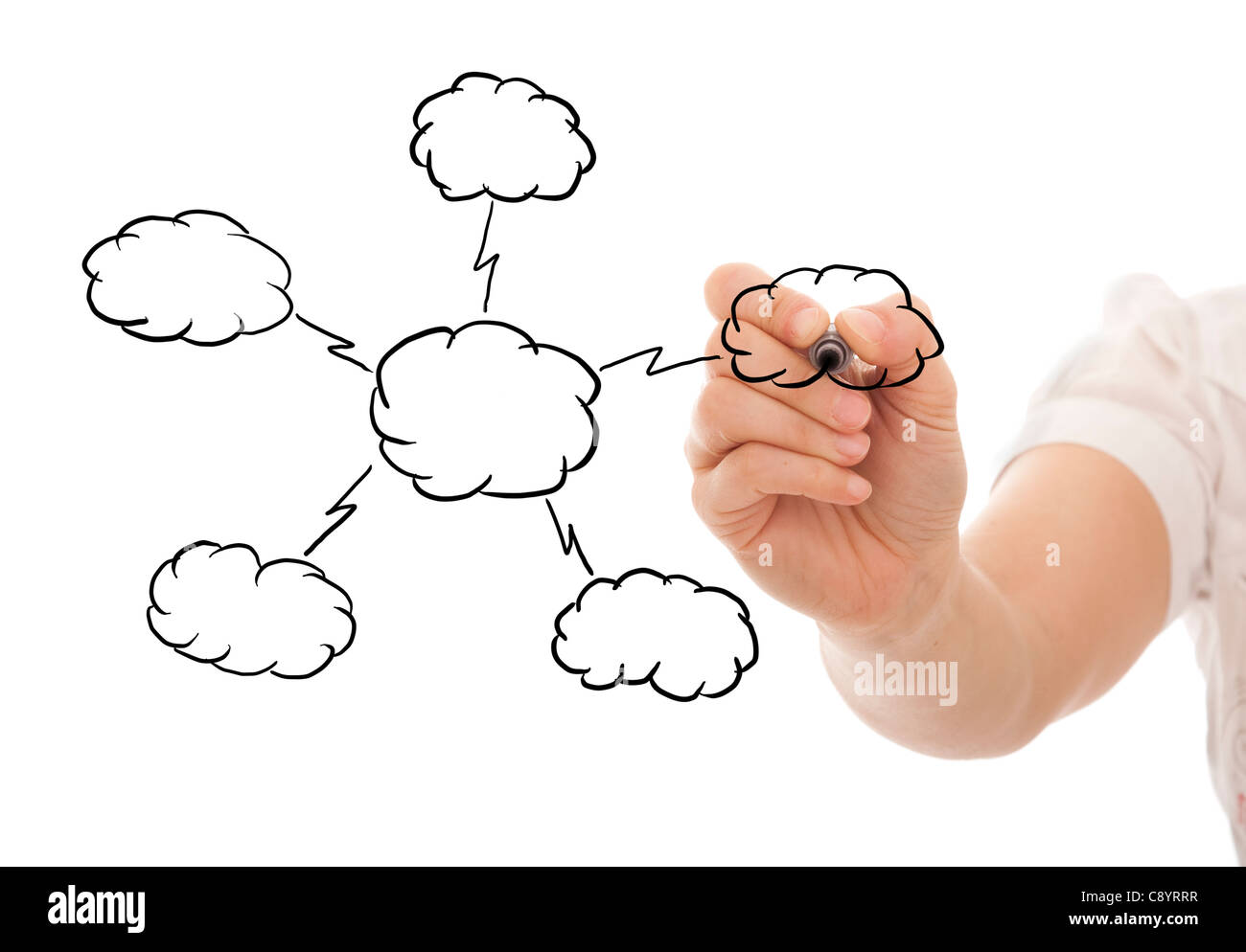 Hand drawing a Cloud Computing schema on the whiteboard (selective ...