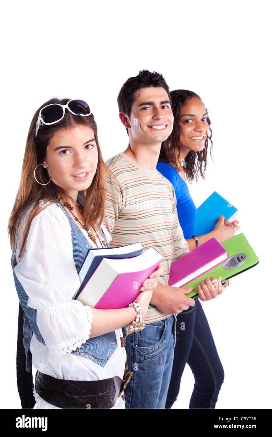 Three happy students holding books (isolated on white Stock Photo - Alamy