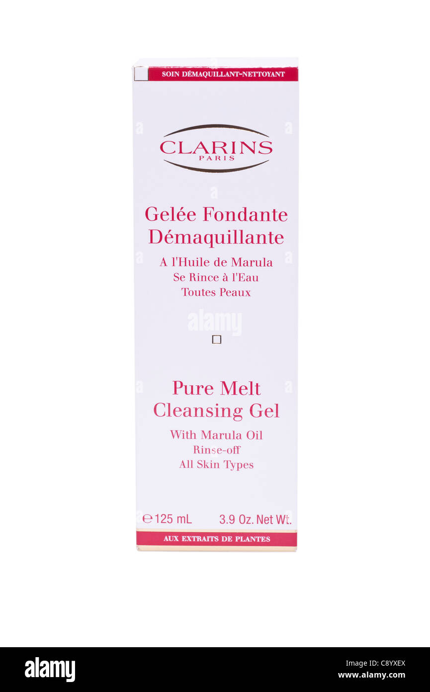 A Clarins pure melt cleansing gel lotion on a white background Stock ...