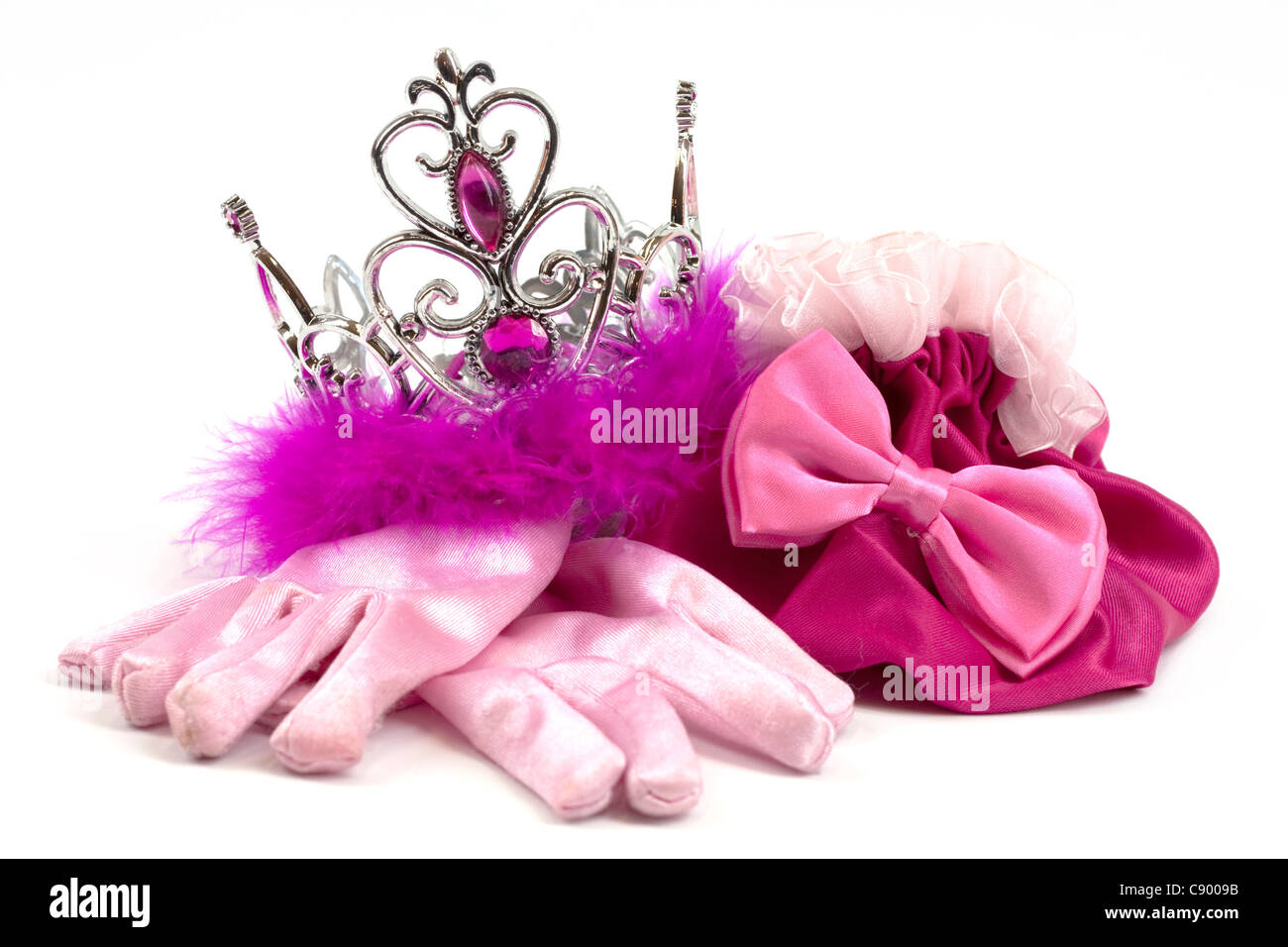 Pink princess accessories; crown, gloves and bag Stock Photo - Alamy