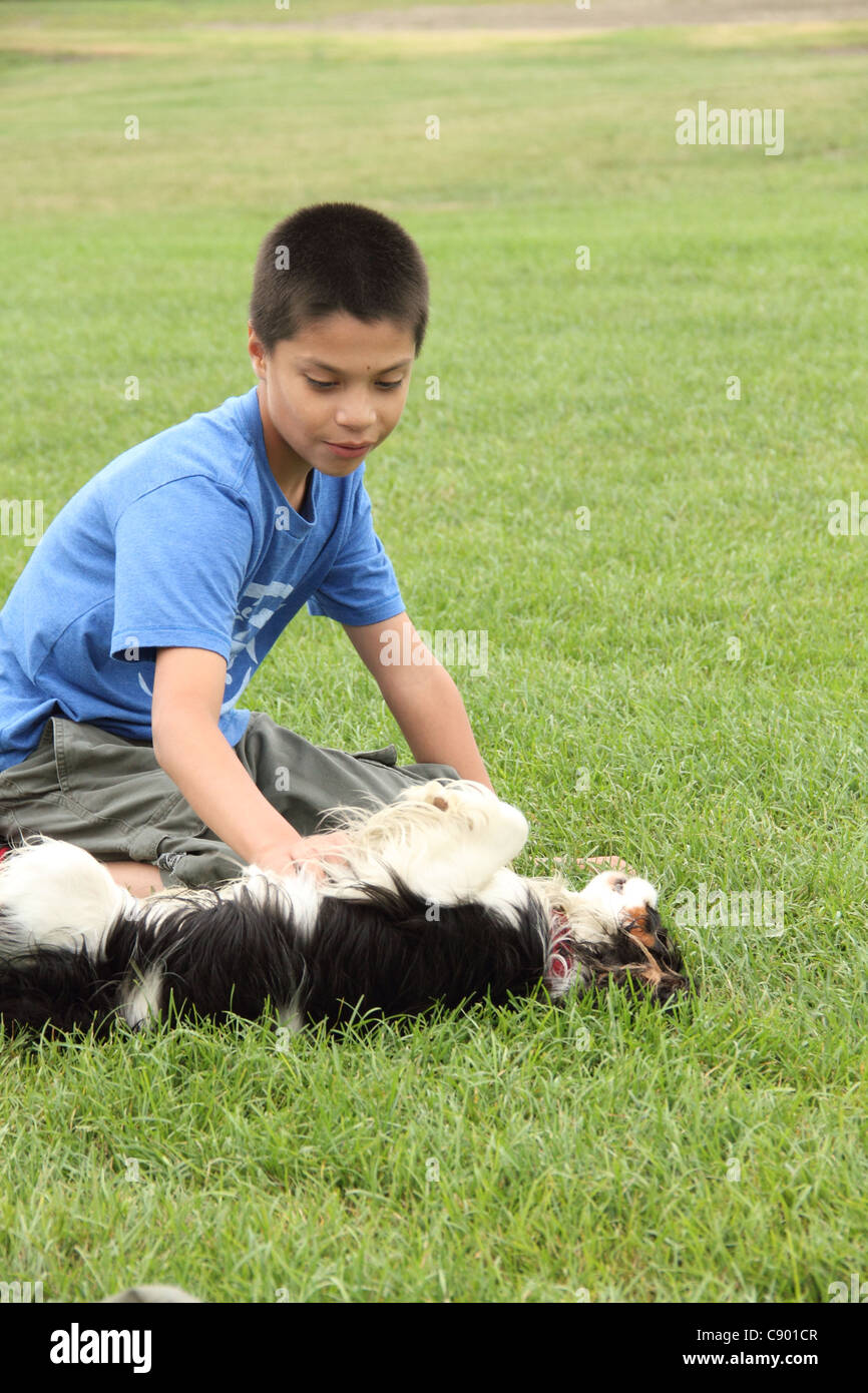 Boy playing king charles cavalier hi-res stock photography and images ...