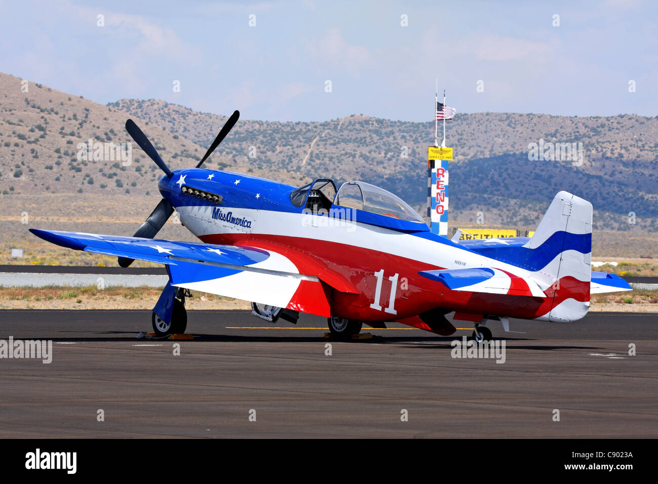 Brent Hisey's P-51D Mustang "Miss America" sits on the tarmac during ...
