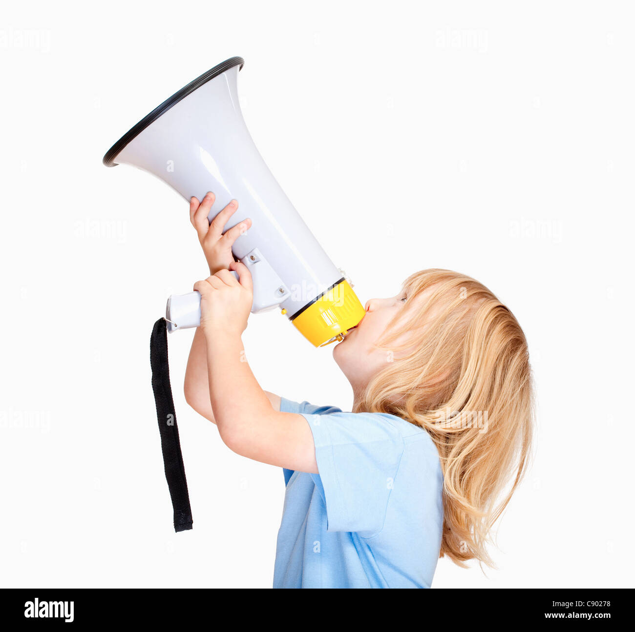 boy with long blond hair playing with a megaphone Stock Photo - Alamy