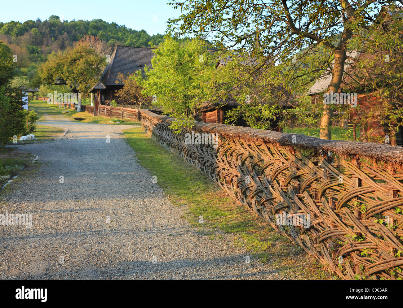 Lane in a Romanian village with a traditional wooden fence in Maramures ...