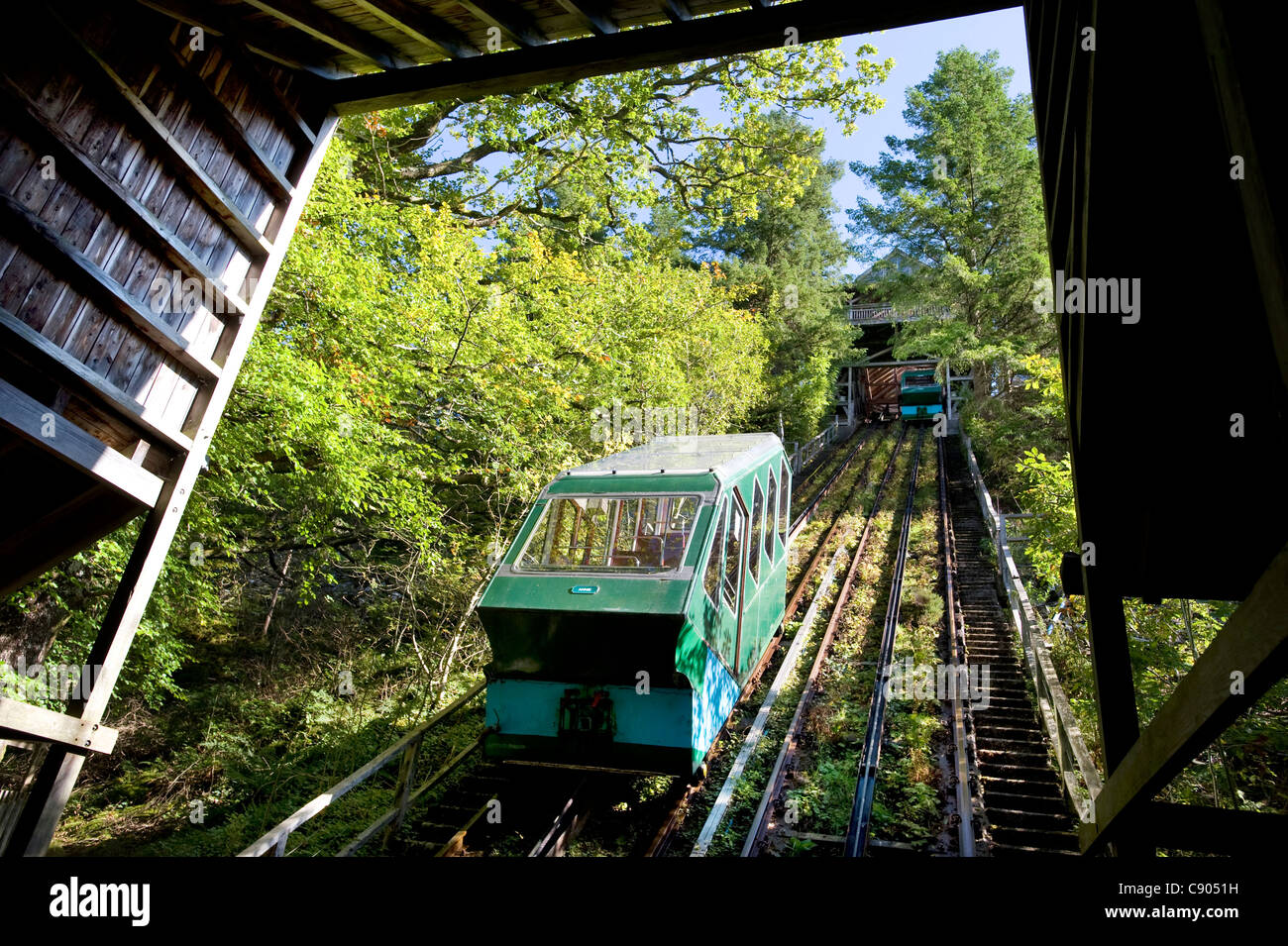 A car on the water- balanced Funicular cliff railway, one of the ...