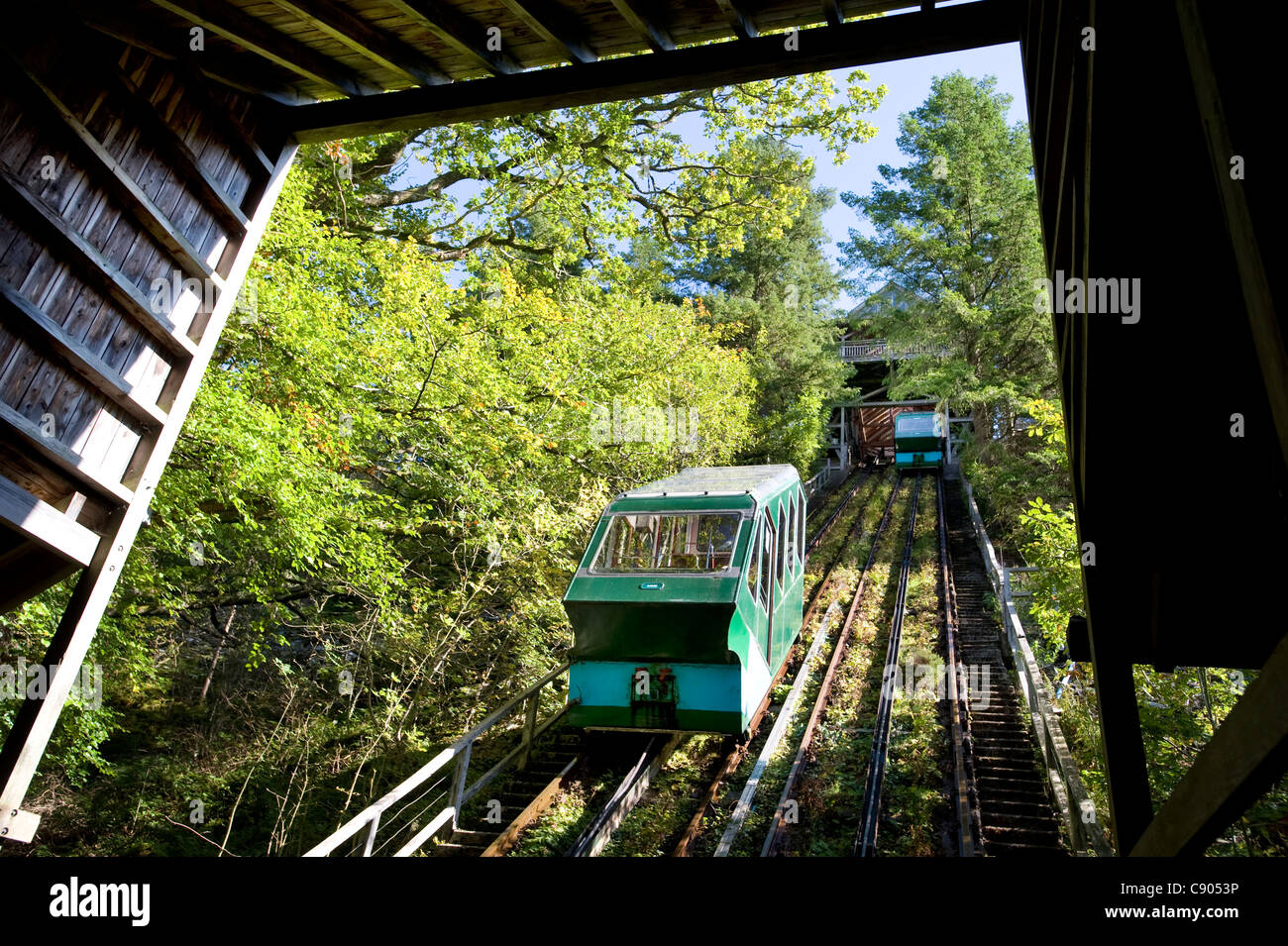 The water- balanced Funicular cliff railway, one of the steepest cliff ...
