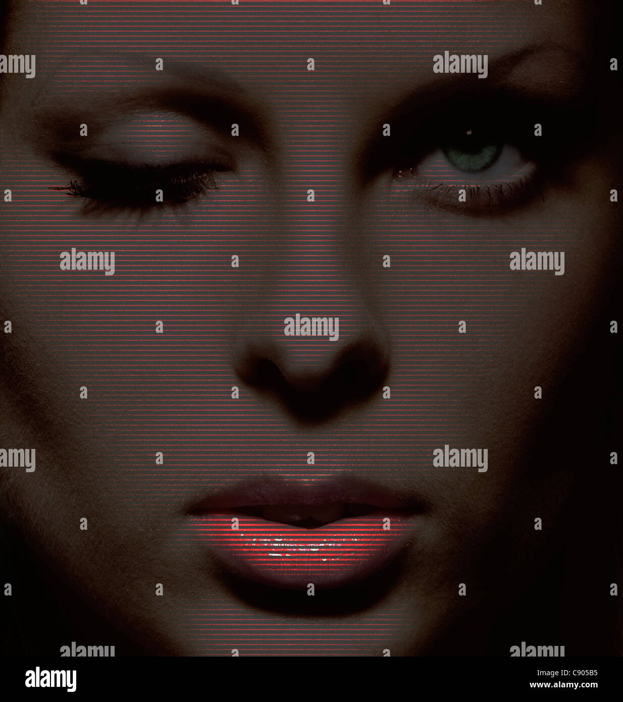 Female face with lines going through it.Television,scanning,lines per ...