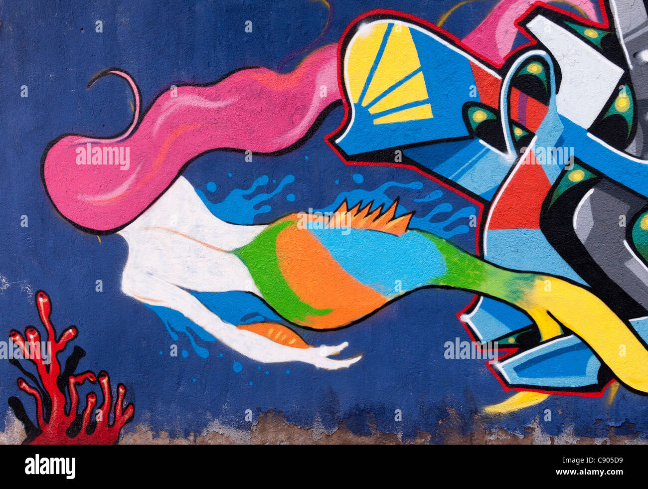 "Mermaid" wall mural in the backstreets of Beyoglu, Istanbul, Turkey ...