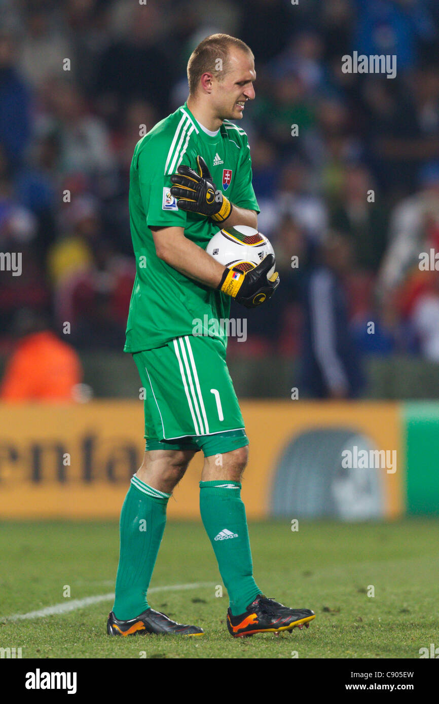 Goalkeeper Jan Mucha of Slovakia holds his shoulder during a FIFA World ...