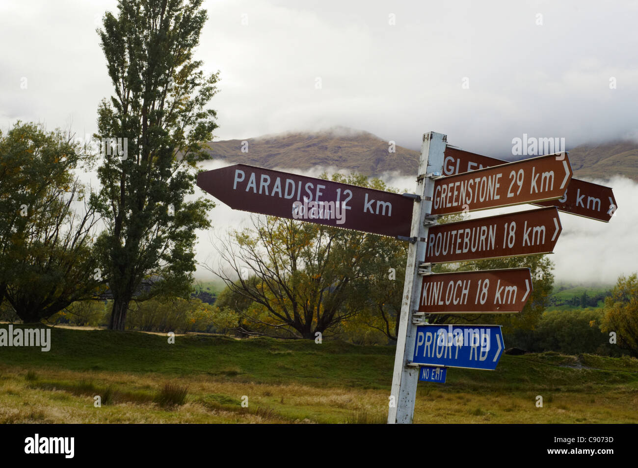 Paradise 12km with No Exit Road sign, Otago, South Island, New Zealand ...