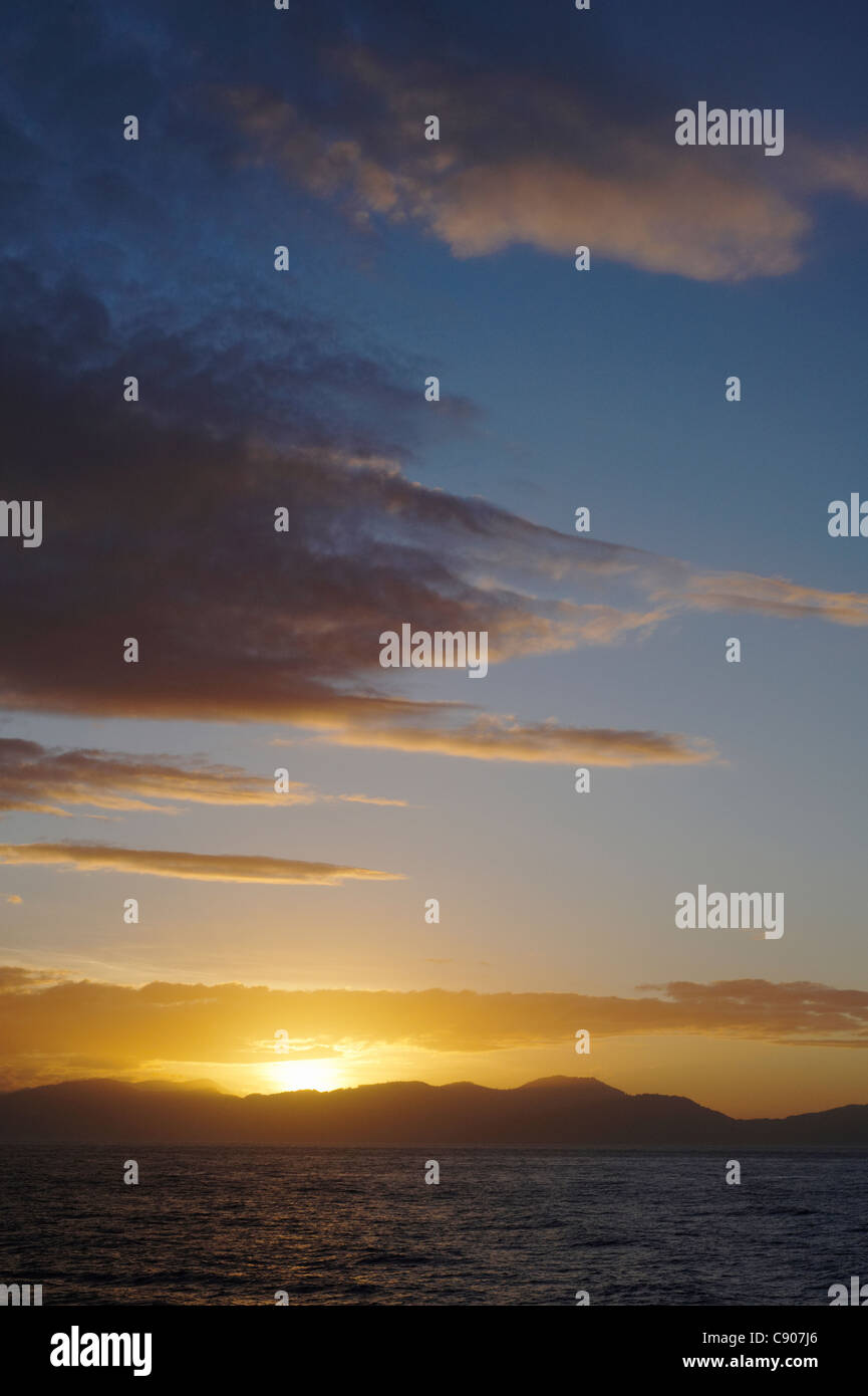 Sunset over South Island Marlborough Sounds from Cook Strait, New ...