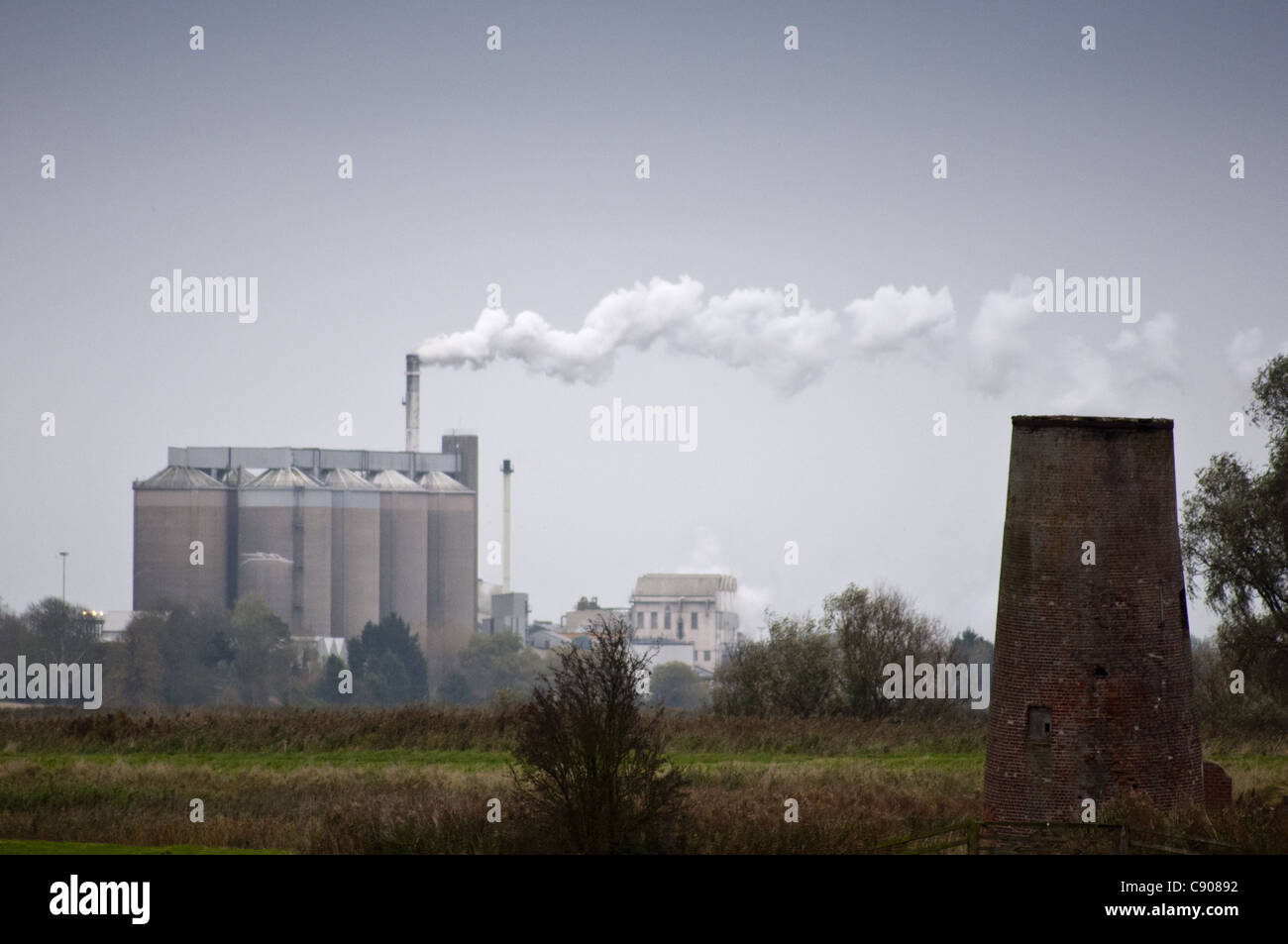 British sugar Cantley Sugar beet factory and chimney across marsh and ...