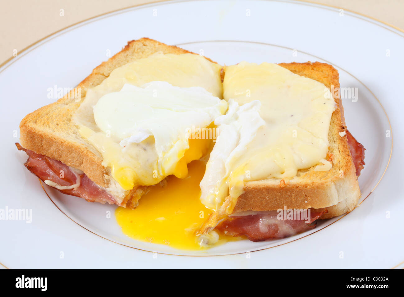 Croque madame, a traditional French ham and cheese toastie topped with ...