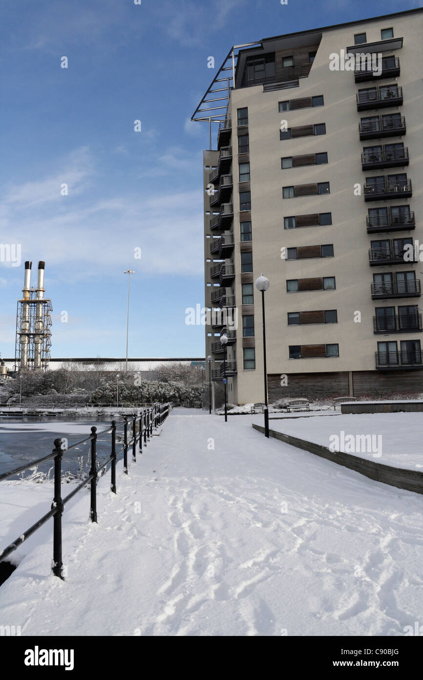 Cardiff Bay Wales, Atlantic Wharf in the snow residential tower block ...