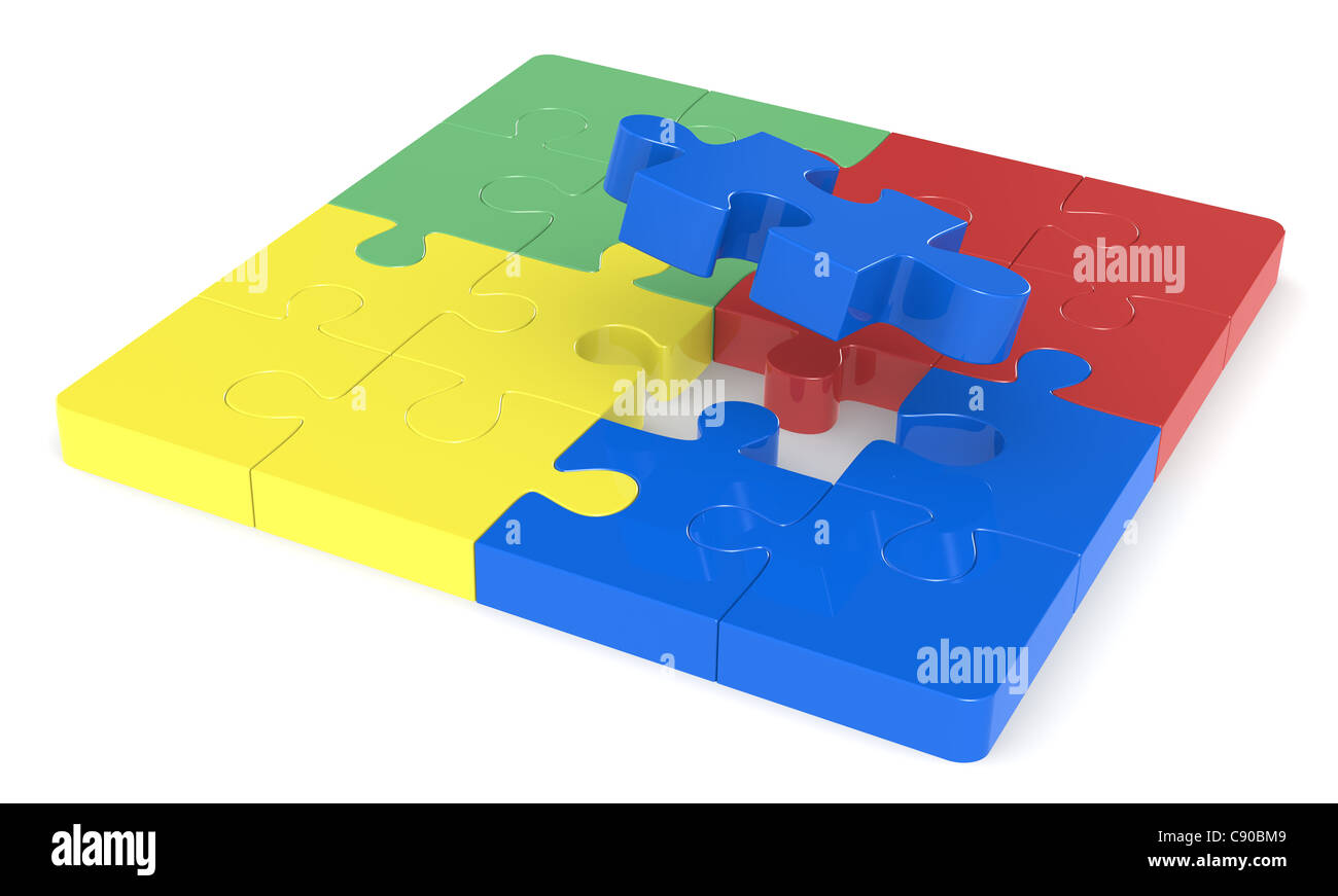 Classic jigsaw Puzzle. Last piece. Red, green, yellow and blue Stock ...