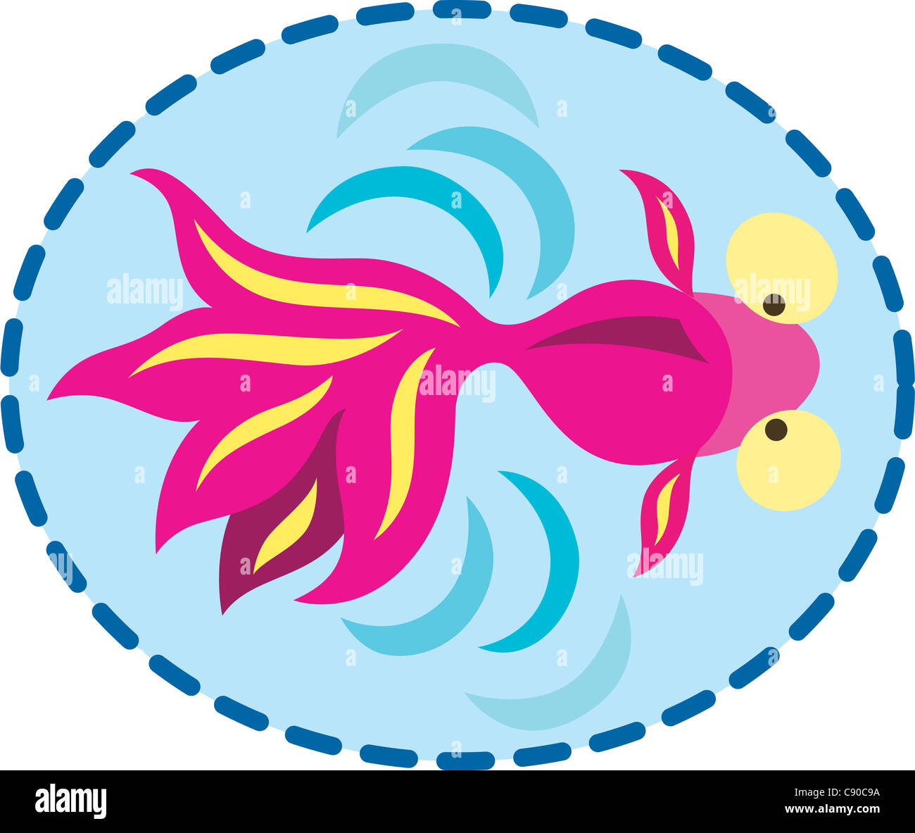 a golden fish swimming in the pond with water, placed inside a dotted ...