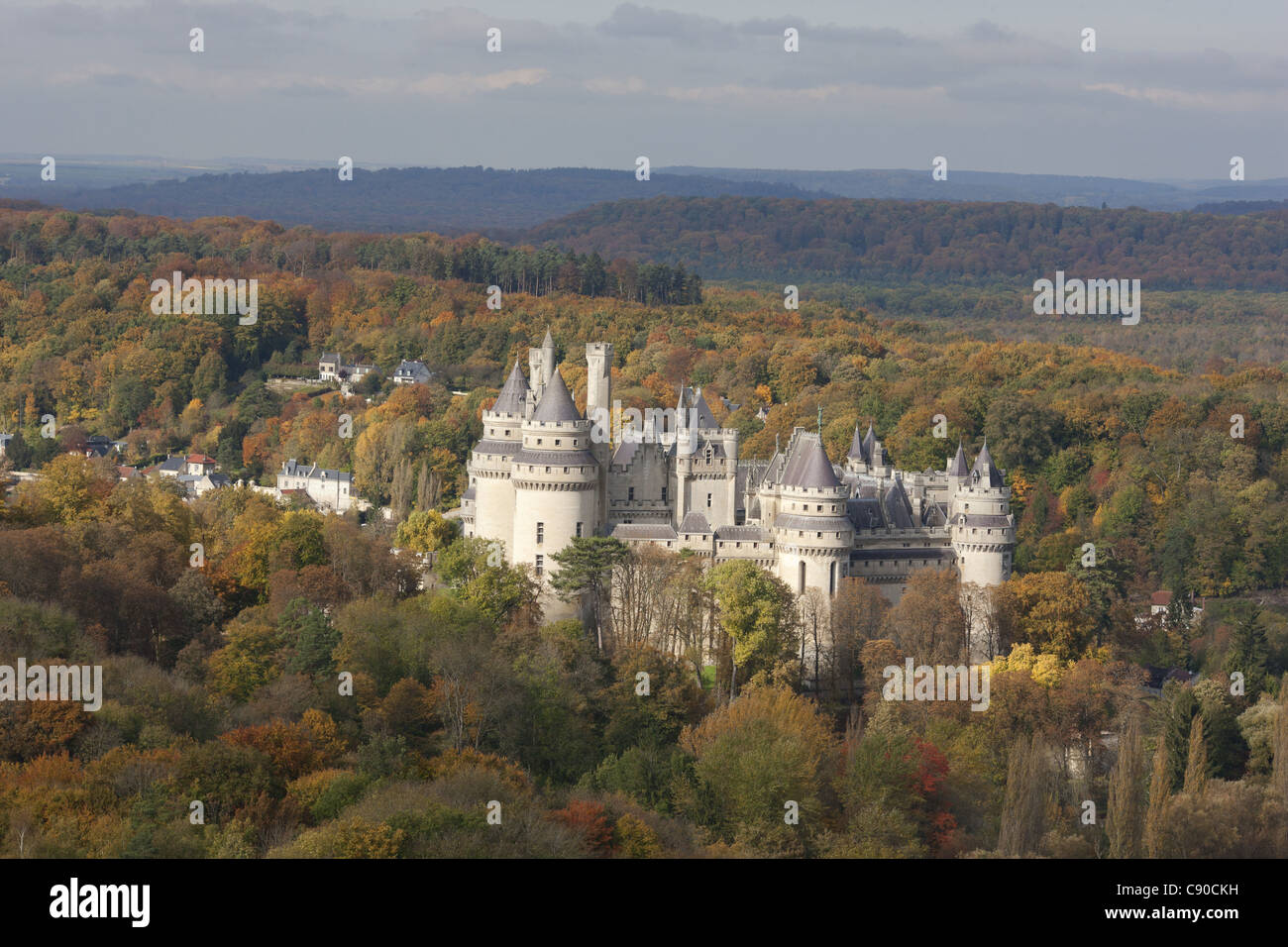 AERIAL VIEW. Pierrefonds Castle in the Compiègne forest with autumnal ...
