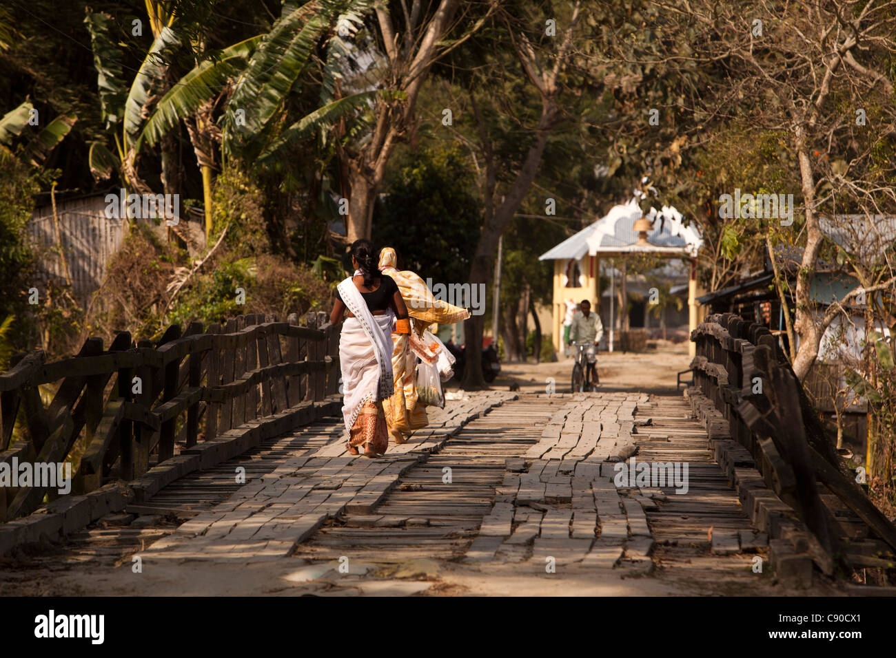 India, Assam, Majuli Island, Hindu women in saris, crossing bridge to ...