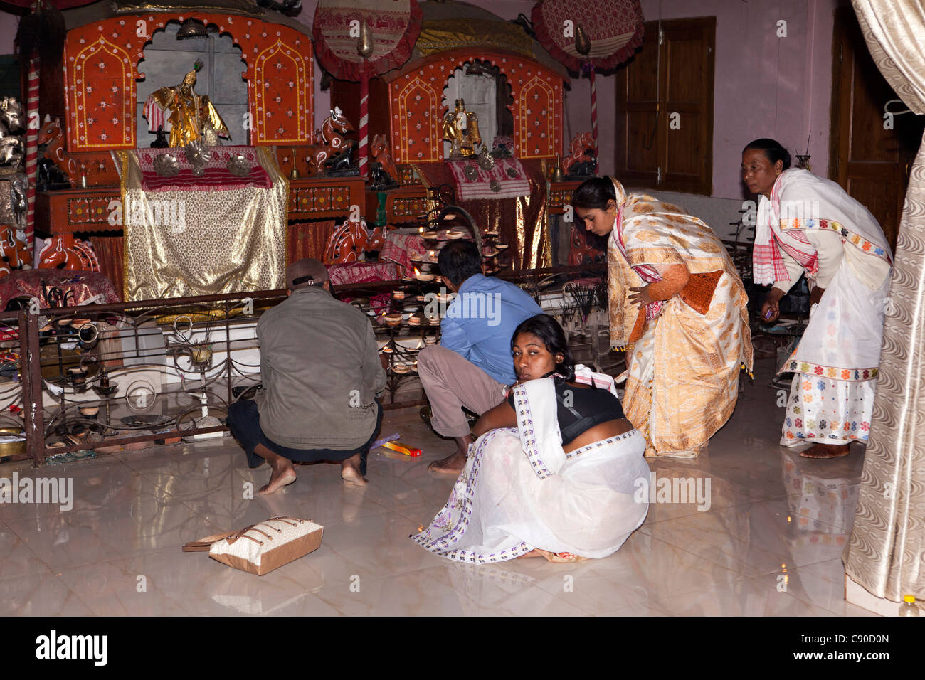India, Assam, Majuli Island, Satra (monastery) temple, worshippers at ...