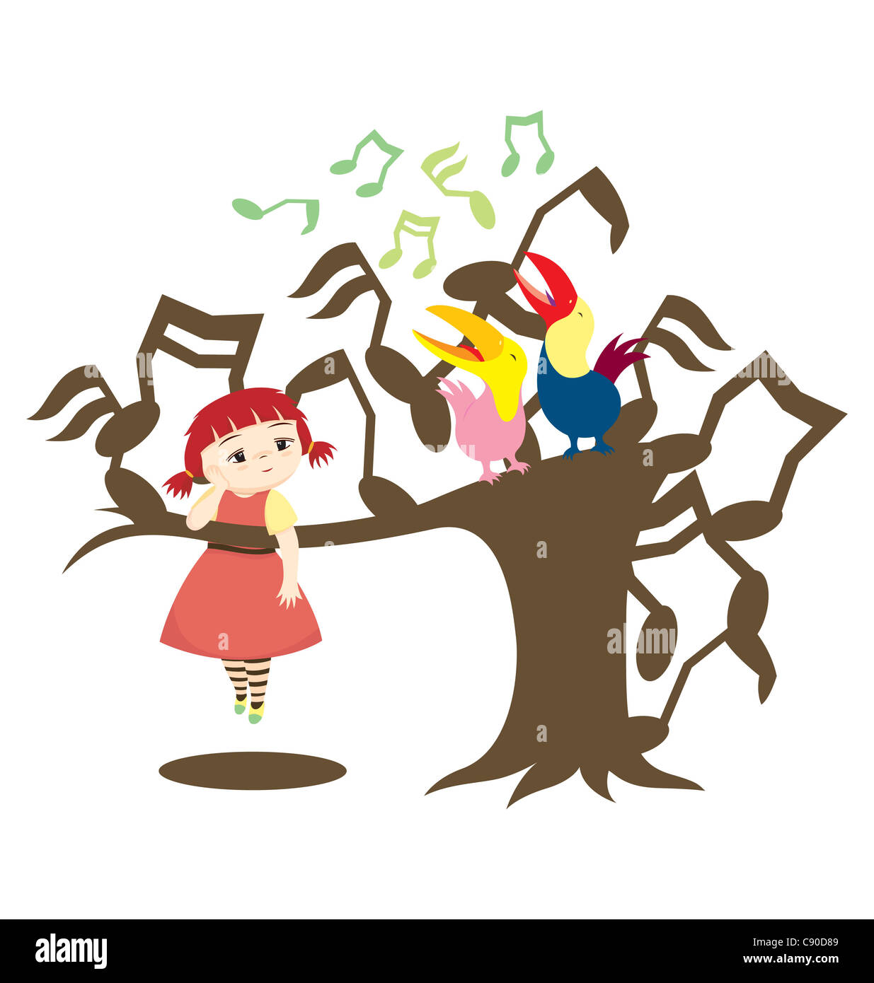 A little girl on a tree listening to kill bill toucan birds singing ...