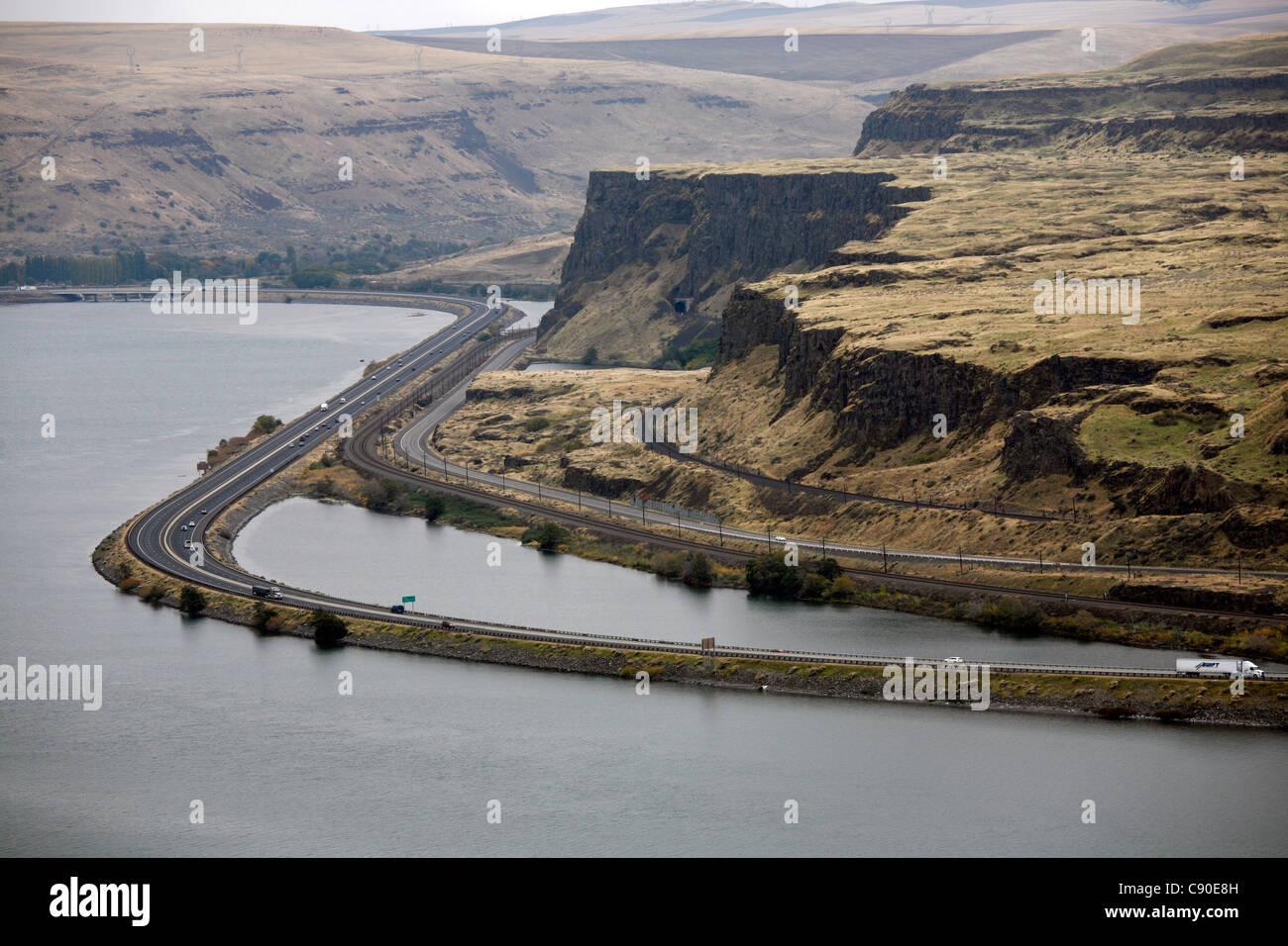 Interstate 84 along the Columbia River, on the Oregon side Stock Photo ...