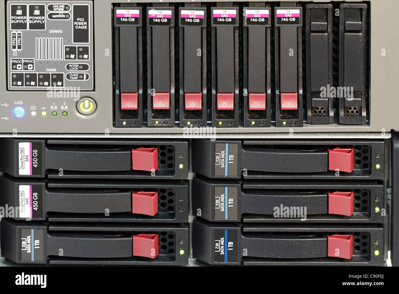 servers stack with hard drives in a datacenter for backup and data ...
