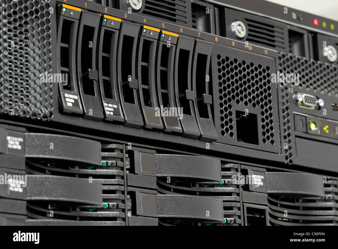 servers stack with hard drives in a datacenter for backup and data ...