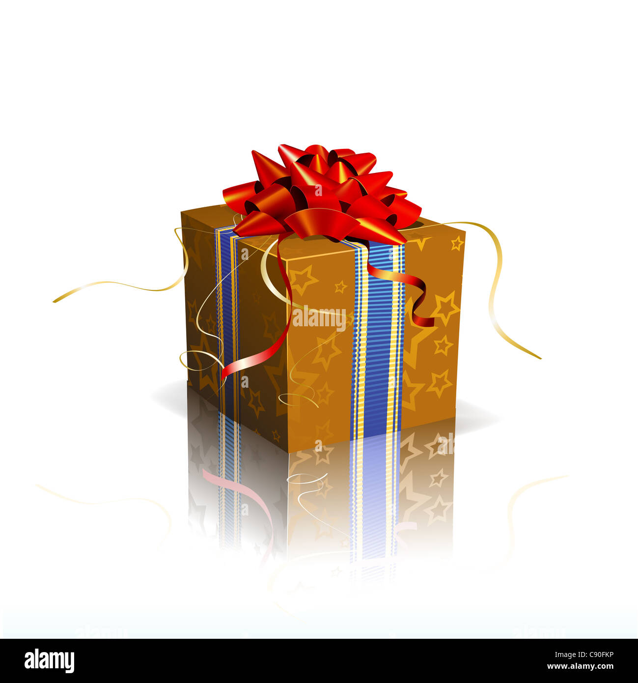 illustration of red square present box with a bow and ribbons on shiny ...