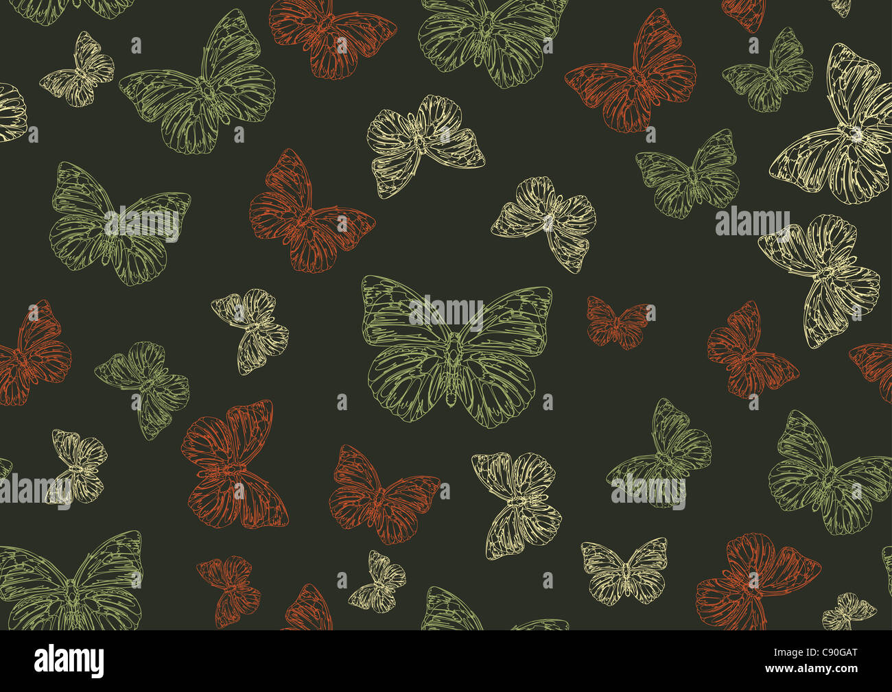 illustration of many funky hand-drawn butterflies of different size ...