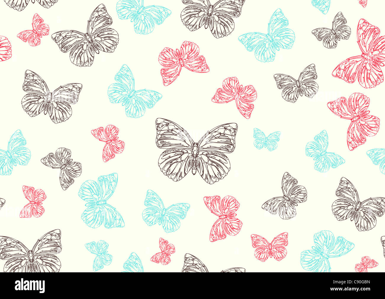 illustration of many funky hand-drawn butterflies of different size ...