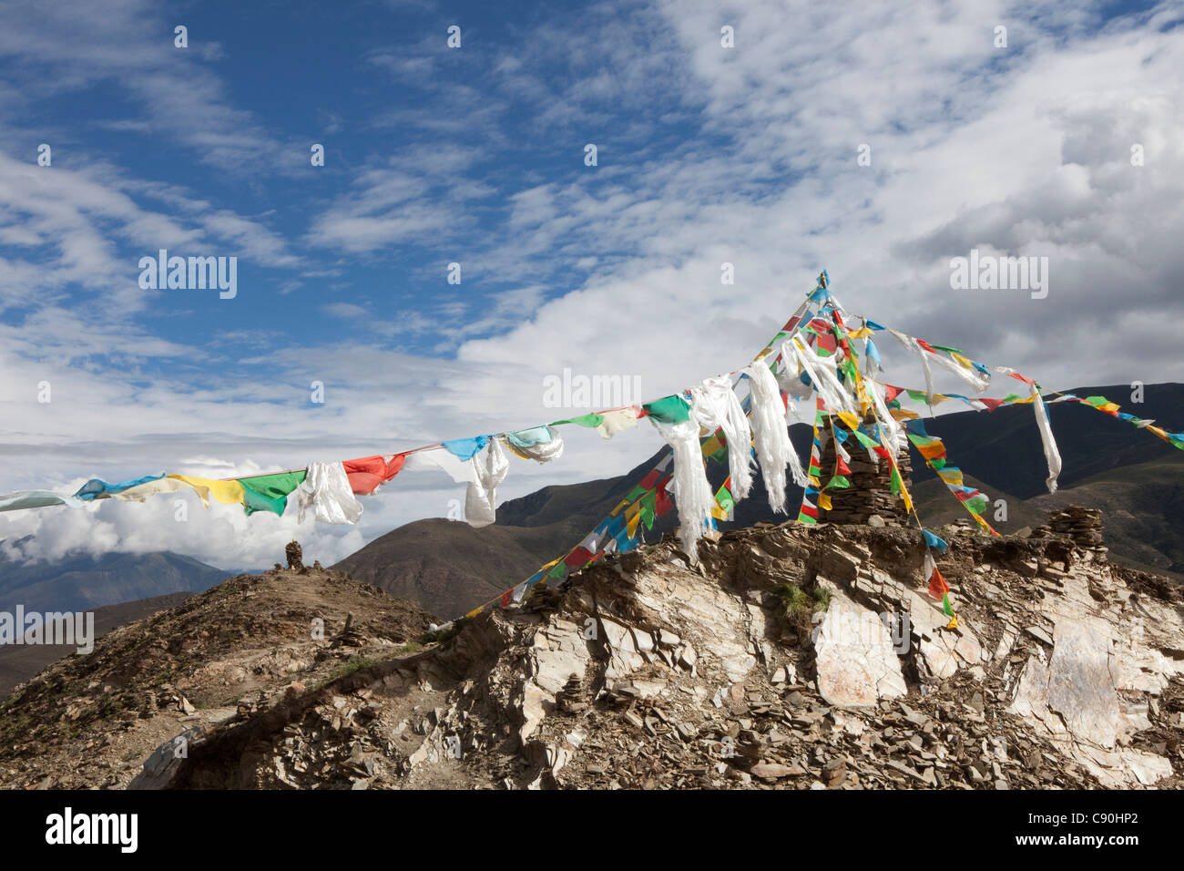 Prayers flags in the Transhimalaya Mountains at the Khampa La Pa, Tibet Autonomous Region ...