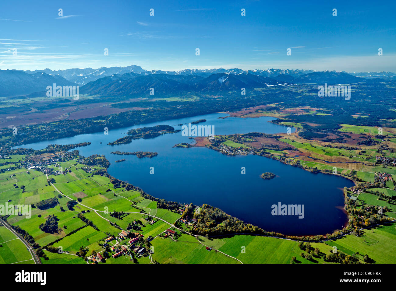 Aerial view of lake Staffelsee and Wetterstein mountains, Upper Bavaria ...