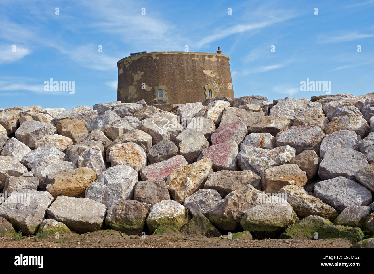Rock armor to protect a historic Martello tower from coastal erosion ...