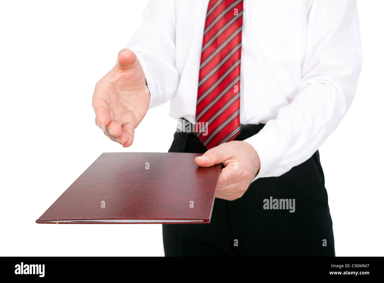 man passes document of second person on white background Stock Photo ...