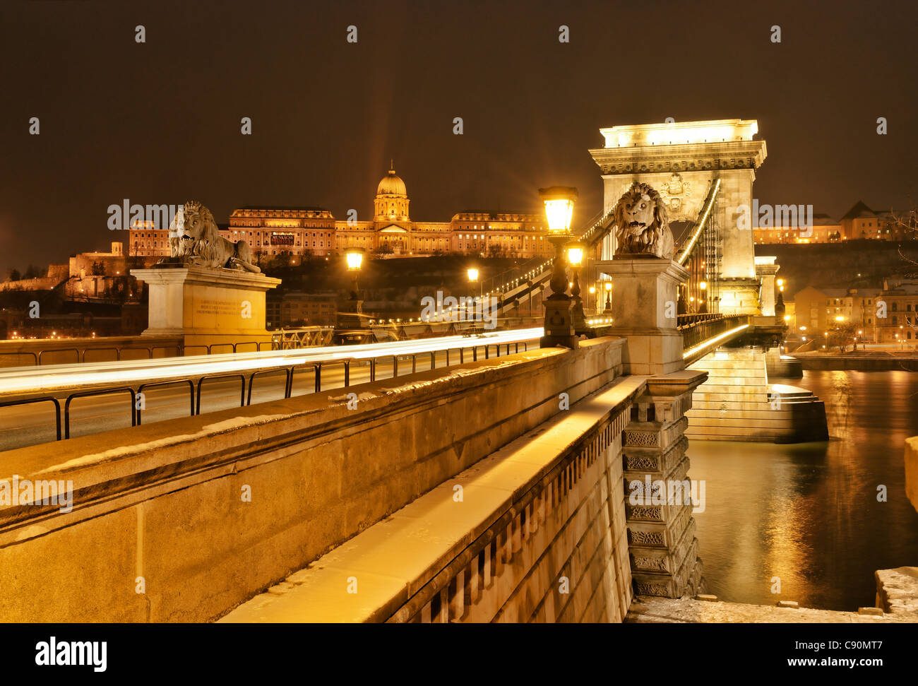 Chain Bridge over the Danube river with a view on Buda Castle in the ...